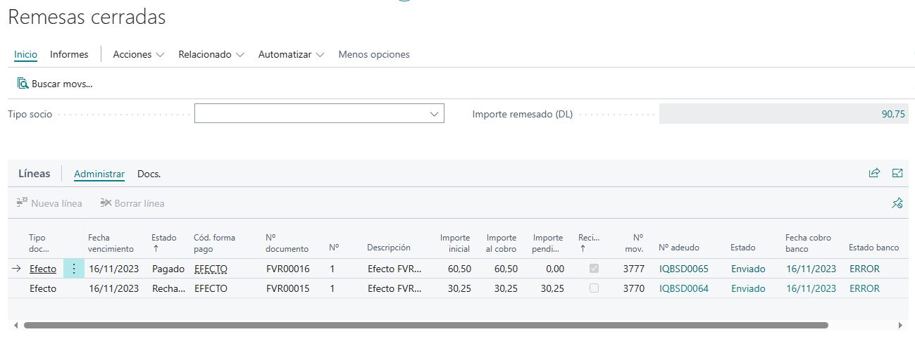 Recirculación de un débito en una remesa cerrada - InnoQubit Docs