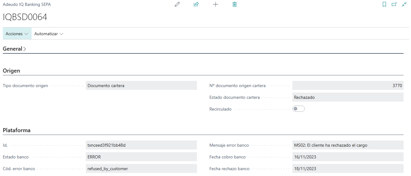 Impago de un débito en una remesa registrada - InnoQubit Docs